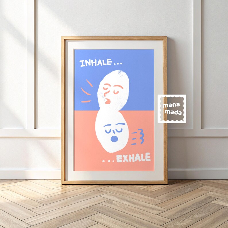 Inhale and Exhale Poster, Hand Drawn Print, Living Room Art, Yoga ...