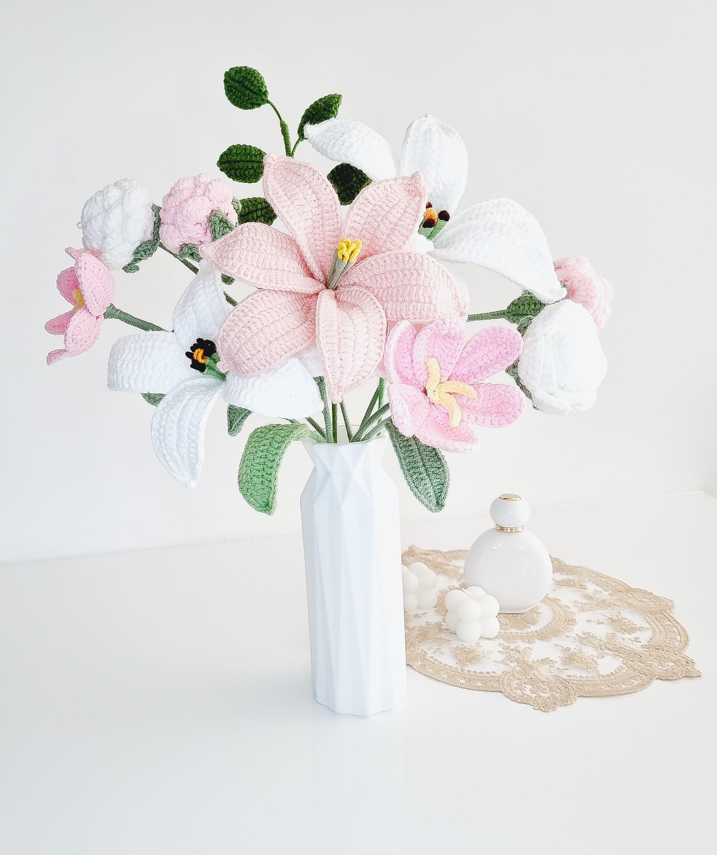Pink Bouquet, Crochet Lily and Pink Tulips in Vase, White Rose Handmade ...