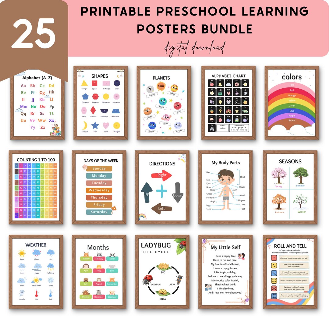 Preschool Learning Posters Bundle | 25 Educational Wall Art Prints ...