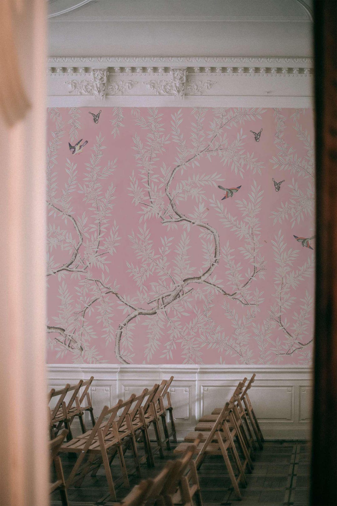 Pink Chinoiserie Bird Wallpaper, Blush Floral Mural, Removable Wall Art ...