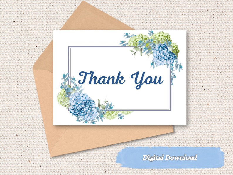 Printable Hydrangea Thank You Card, Floral Thank You Card, Blue and ...