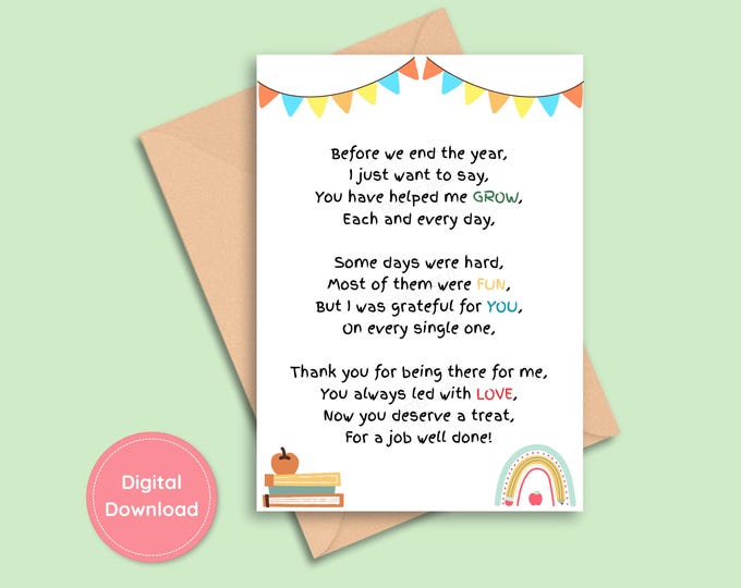 End of Year, Thank You Card for Teacher. Cute Thank You/goodbye Teacher ...