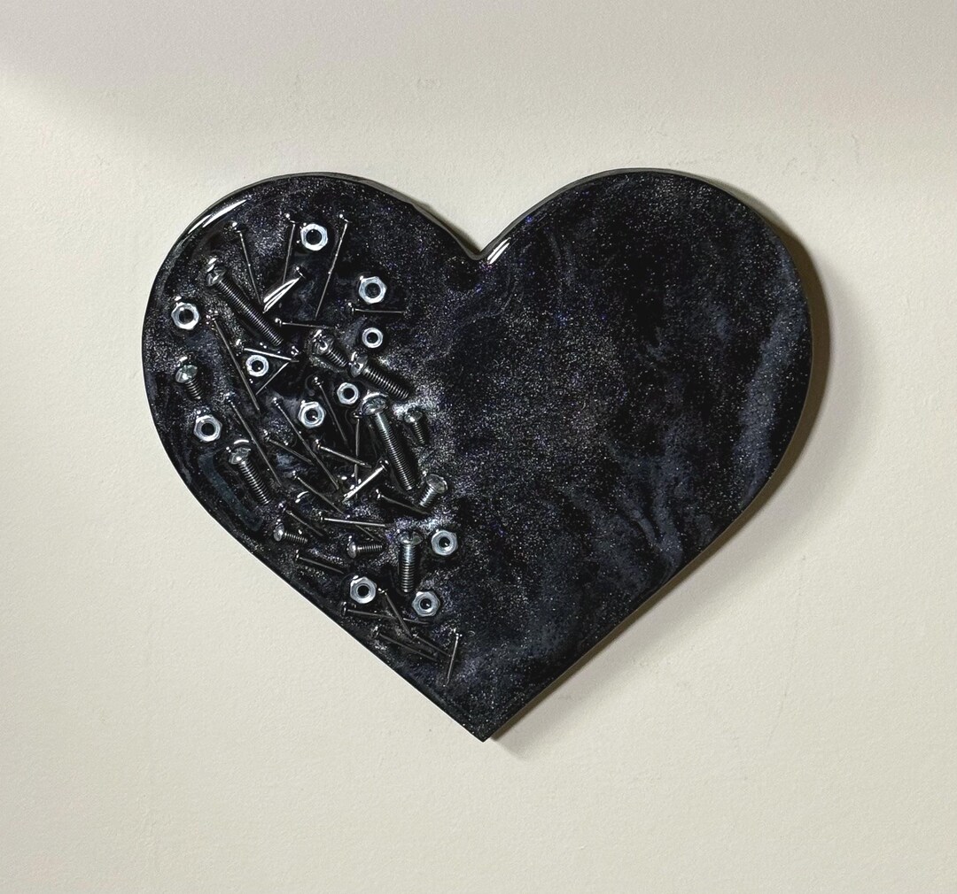 Dyed Resin Covered Wood Heart: Metal Hardware Accents, Abstract Wall ...