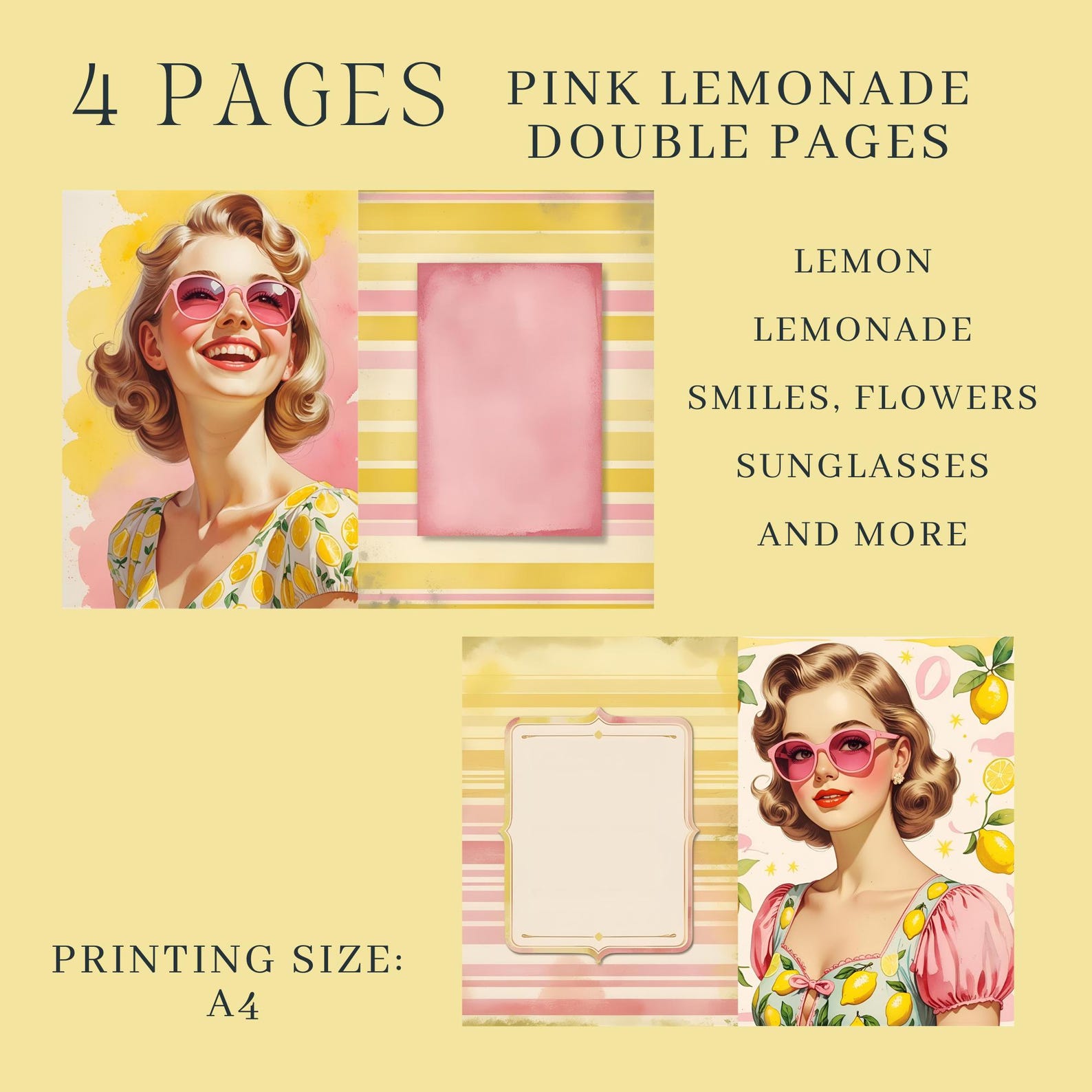 Pink Lemonade Printable Junk Journal Pages, Collage Sheet Backgrounds ...