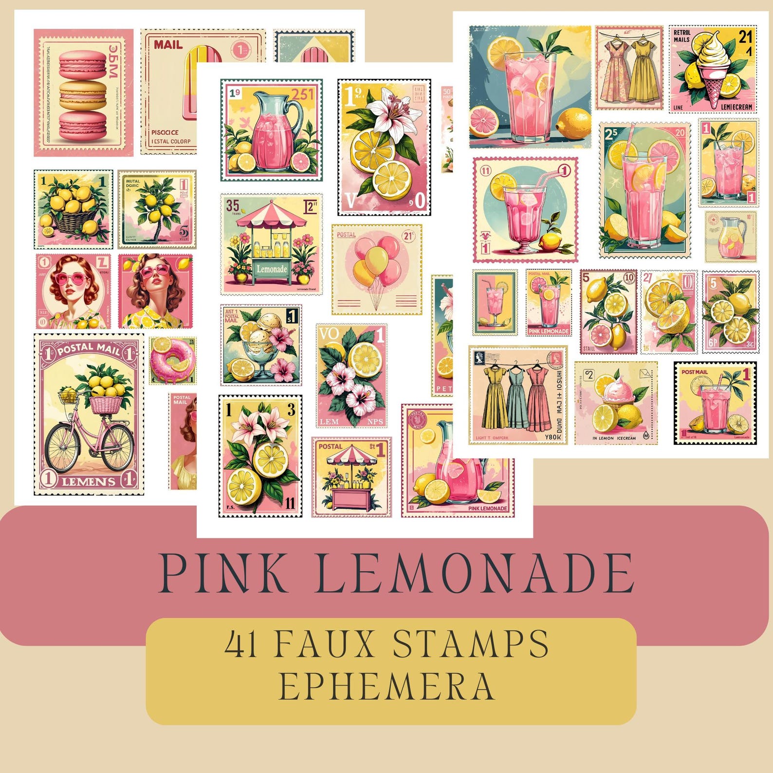 Pink Lemonade Printable Faux Stamps, Junk Journal Kit, Digital Ephemera ...