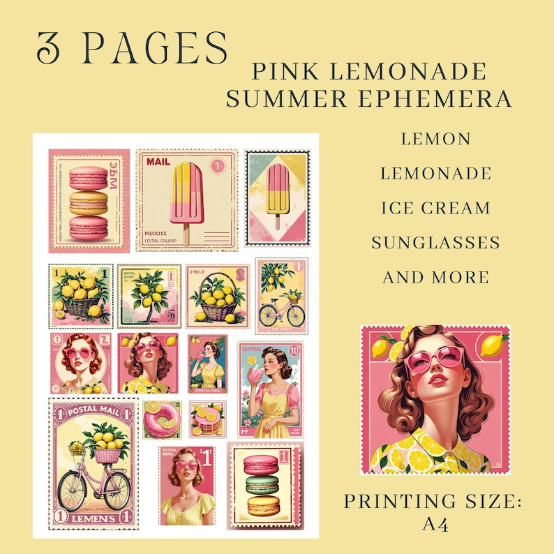 Pink Lemonade Printable Faux Stamps, Junk Journal Kit, Digital Ephemera ...
