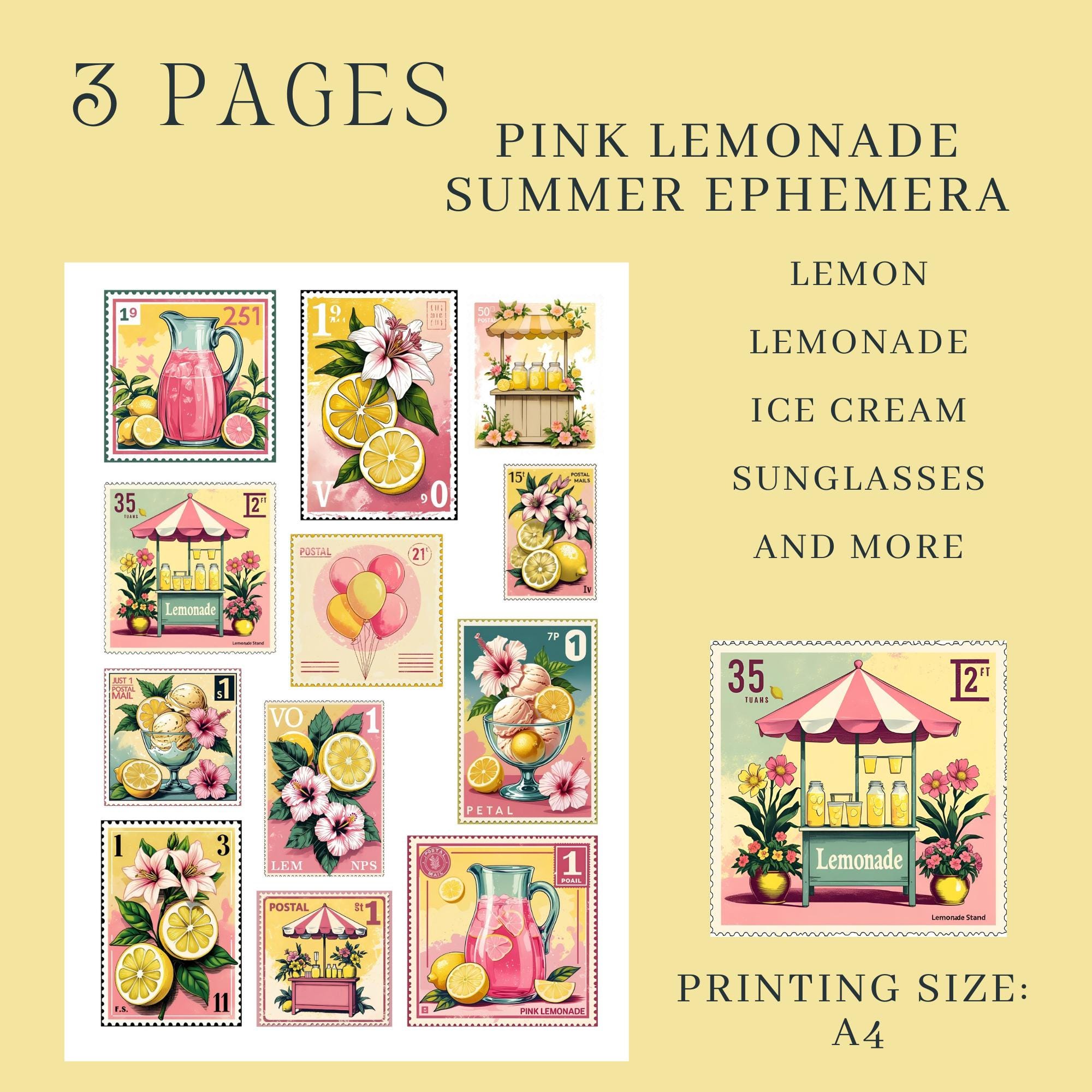 Pink Lemonade Printable Faux Stamps, Junk Journal Kit, Digital Ephemera ...