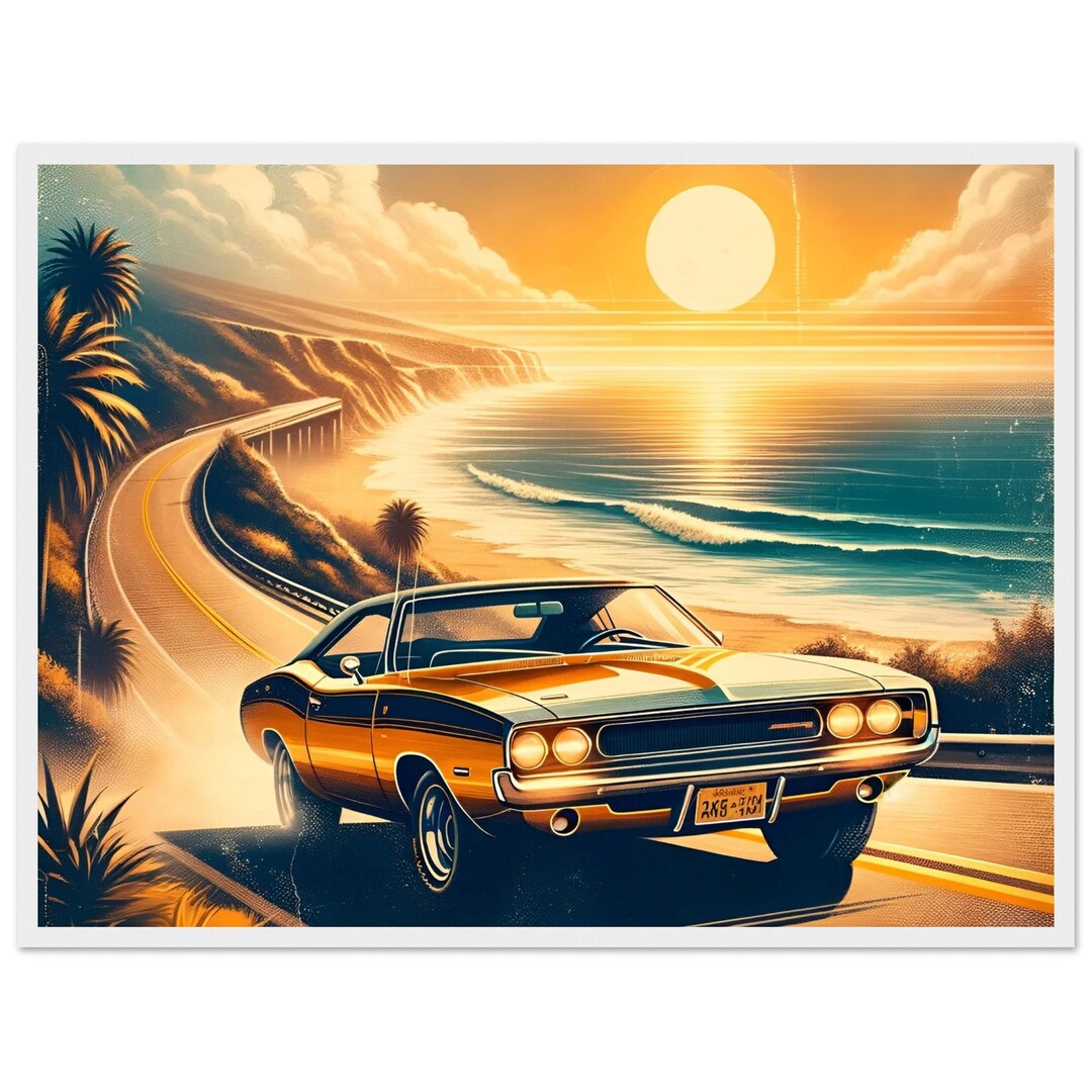 Framed Retro Coastal Car Poster - 70's Style Illustration, Plexi - Etsy