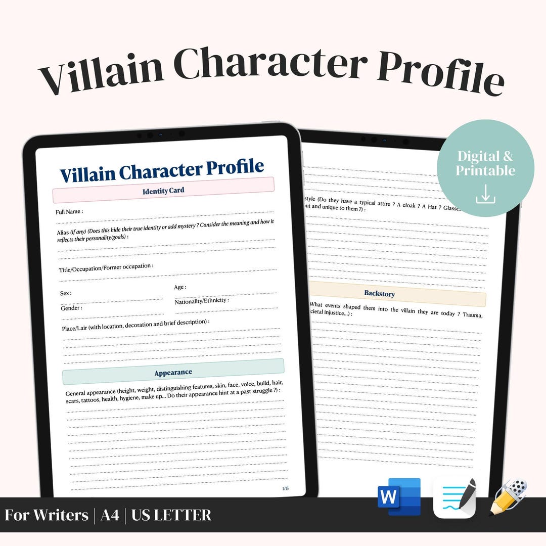 Villain Character Sheet | Nanowrimo | Writing Worksheets | digital ...