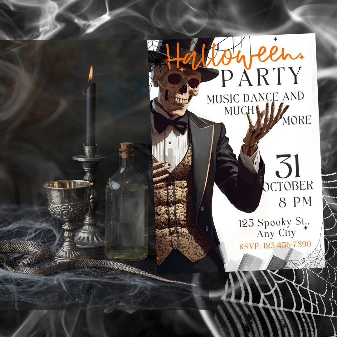Adult Halloween Skeleton Invitation, Cocktails and Costumes Invite ...
