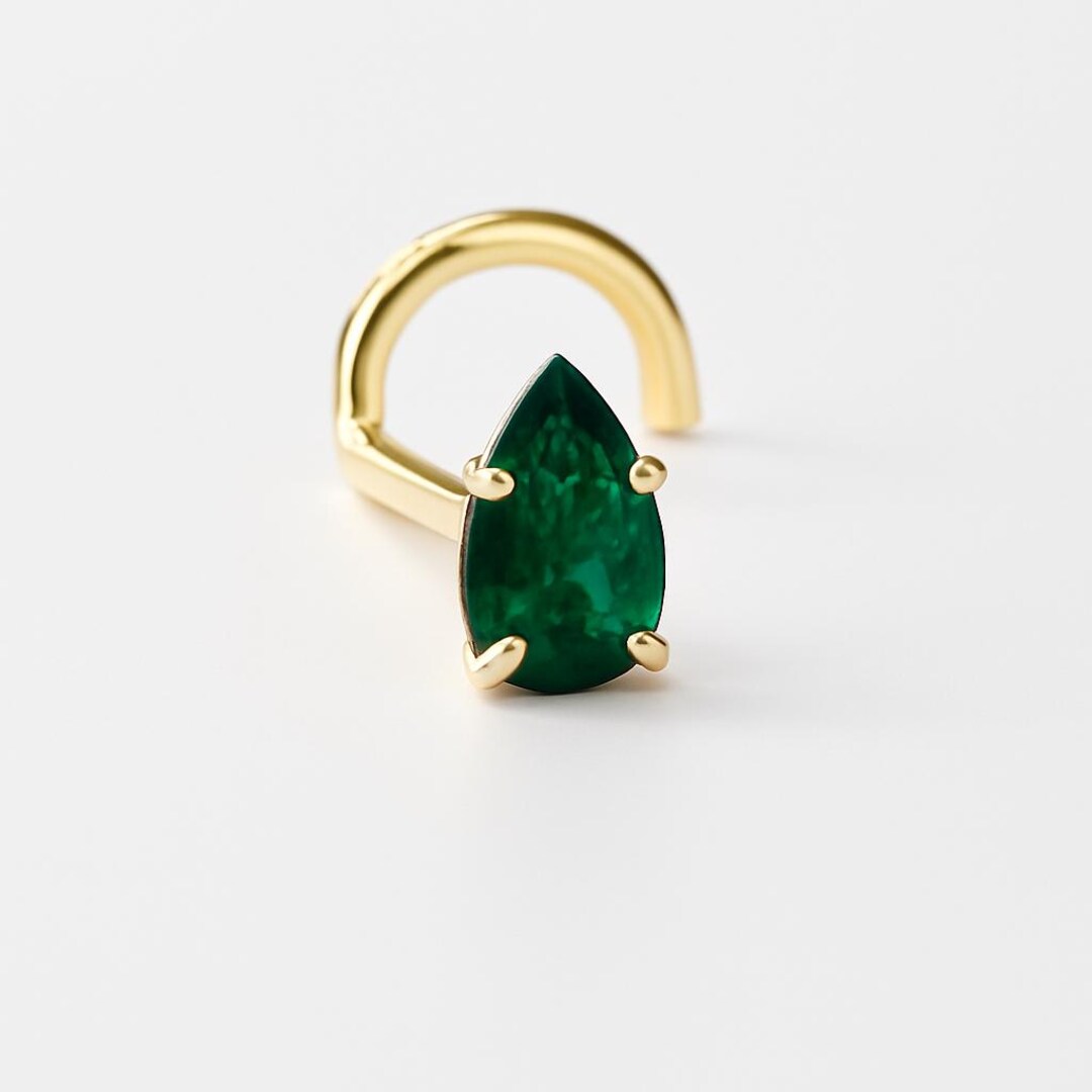 Natural Emerald Pear Shape 14K Gold Nose Piercing , Real Gold 14K ...