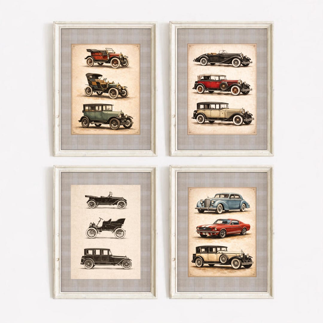 Set of 4 Vintage Car Prints, Preppy Boy Nursery, Antique Auto Gallery ...