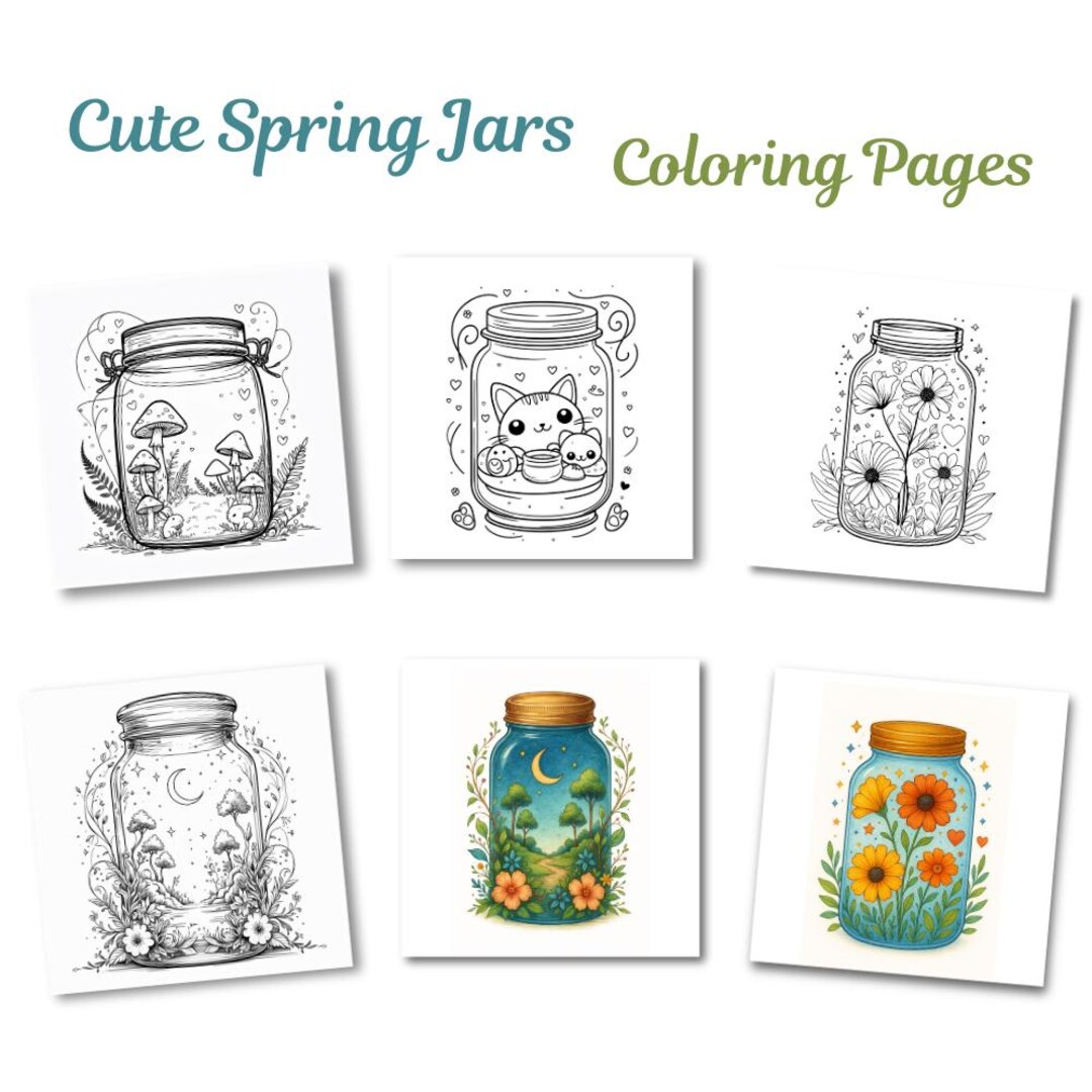 Kawaii Spring Jar Coloring Pages – floral Mason Jar Art, Printable PDF ...