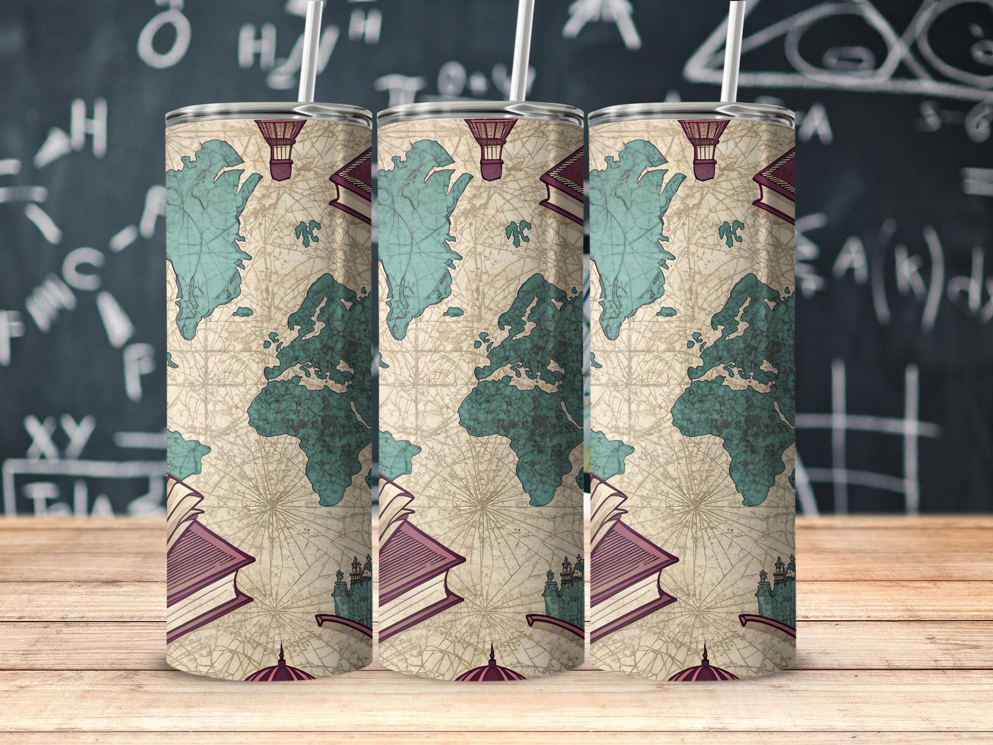 World Map Tumbler Sublimation Design: Books & Hot Air Balloon (PNG ...