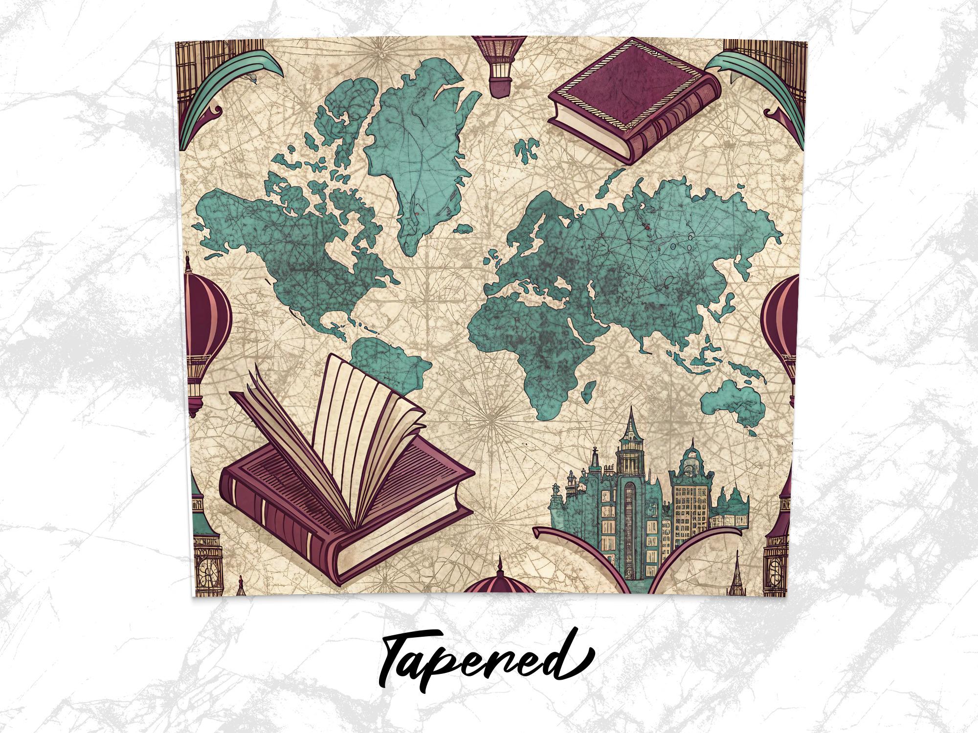 World Map Tumbler Sublimation Design: Books & Hot Air Balloon (PNG ...