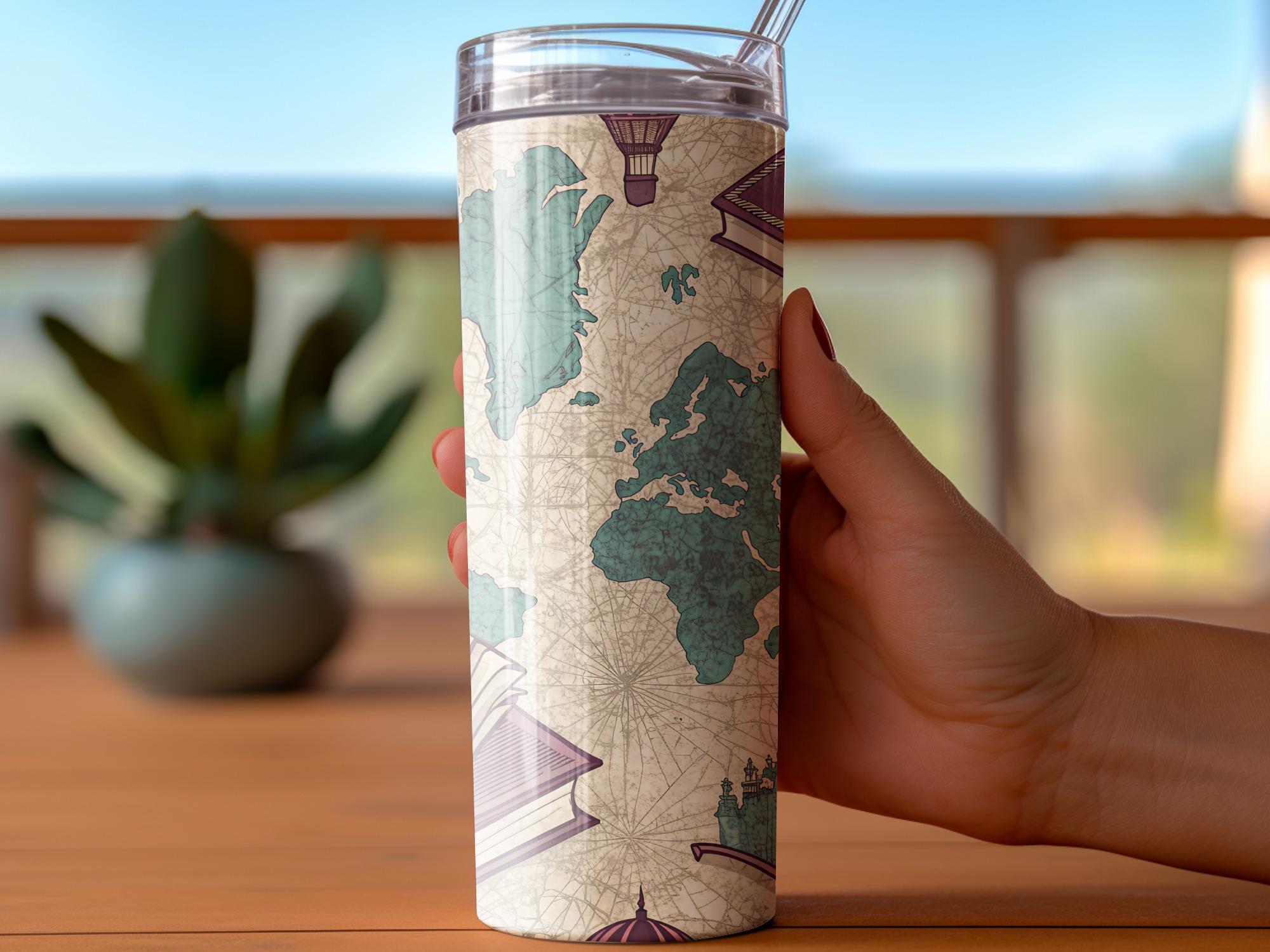 World Map Tumbler Sublimation Design: Books & Hot Air Balloon (PNG ...
