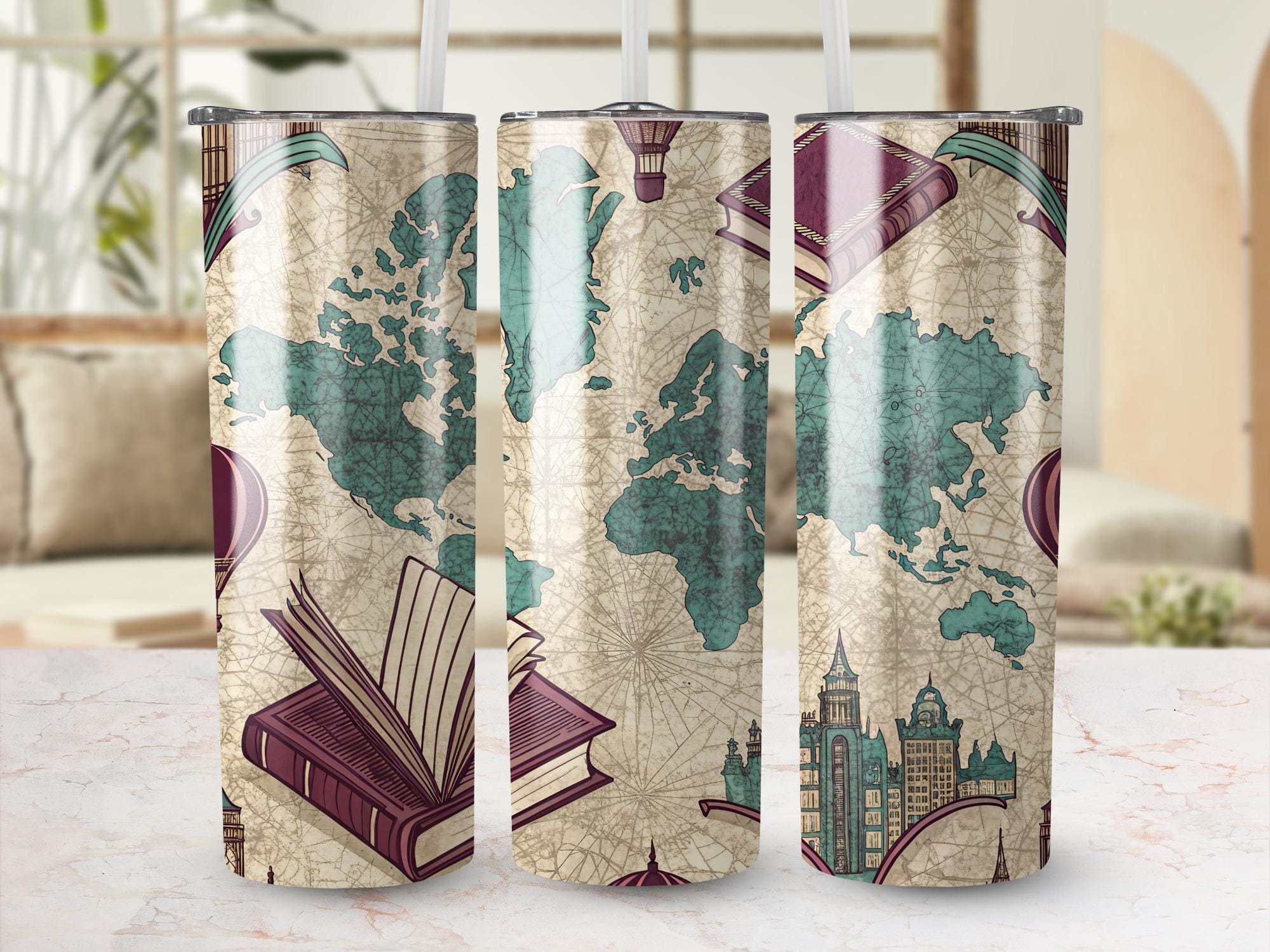 World Map Tumbler Sublimation Design: Books & Hot Air Balloon (PNG ...