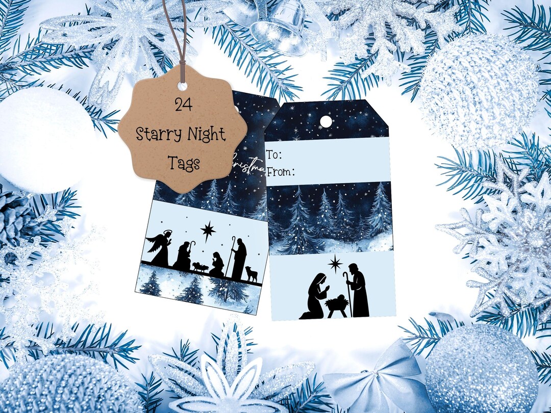 Starry Night Christmas Gift Tags, Religious Festive Digital Labels ...