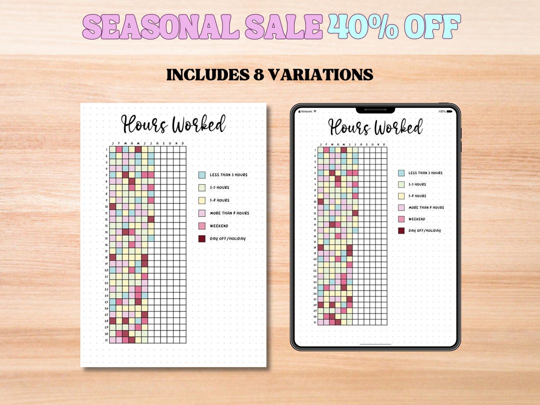 Hours Worked Tracker, Printable Bullet Journal Page, Yearly Tracker ...