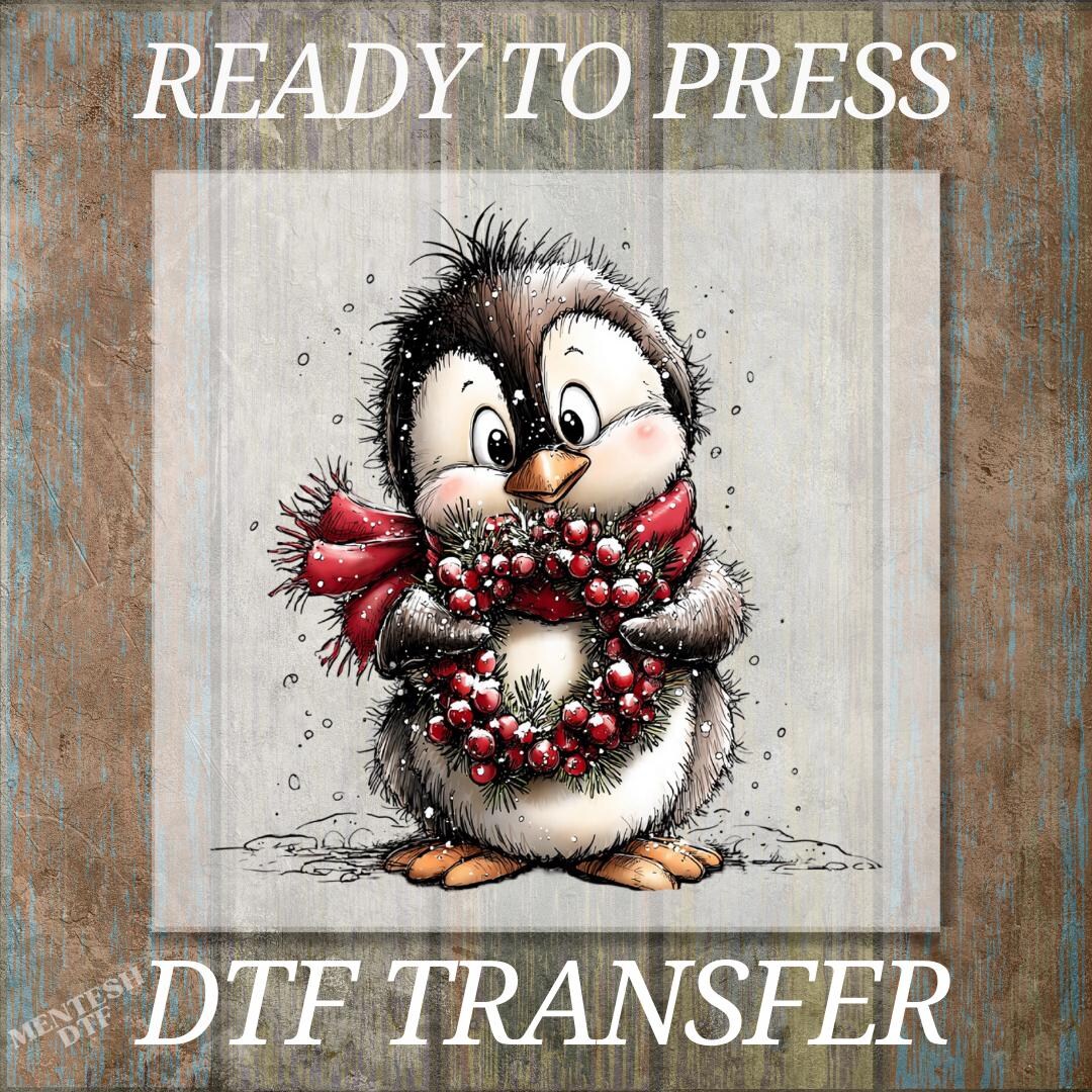 Penguin DTF Transfer, Ready to Press Hand-painted Winter Holiday Design ...