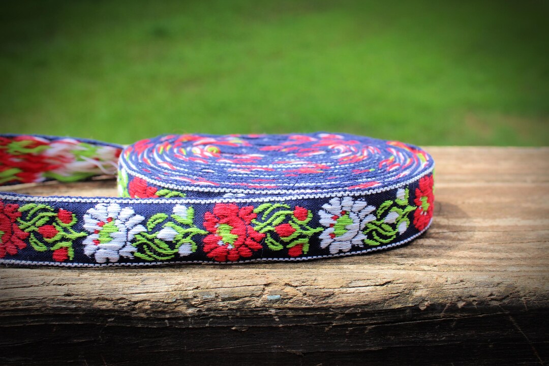 Floral Woven Trim, 5 Yards, 1 Inch Wide, Loose Weave Trim, Red Black ...