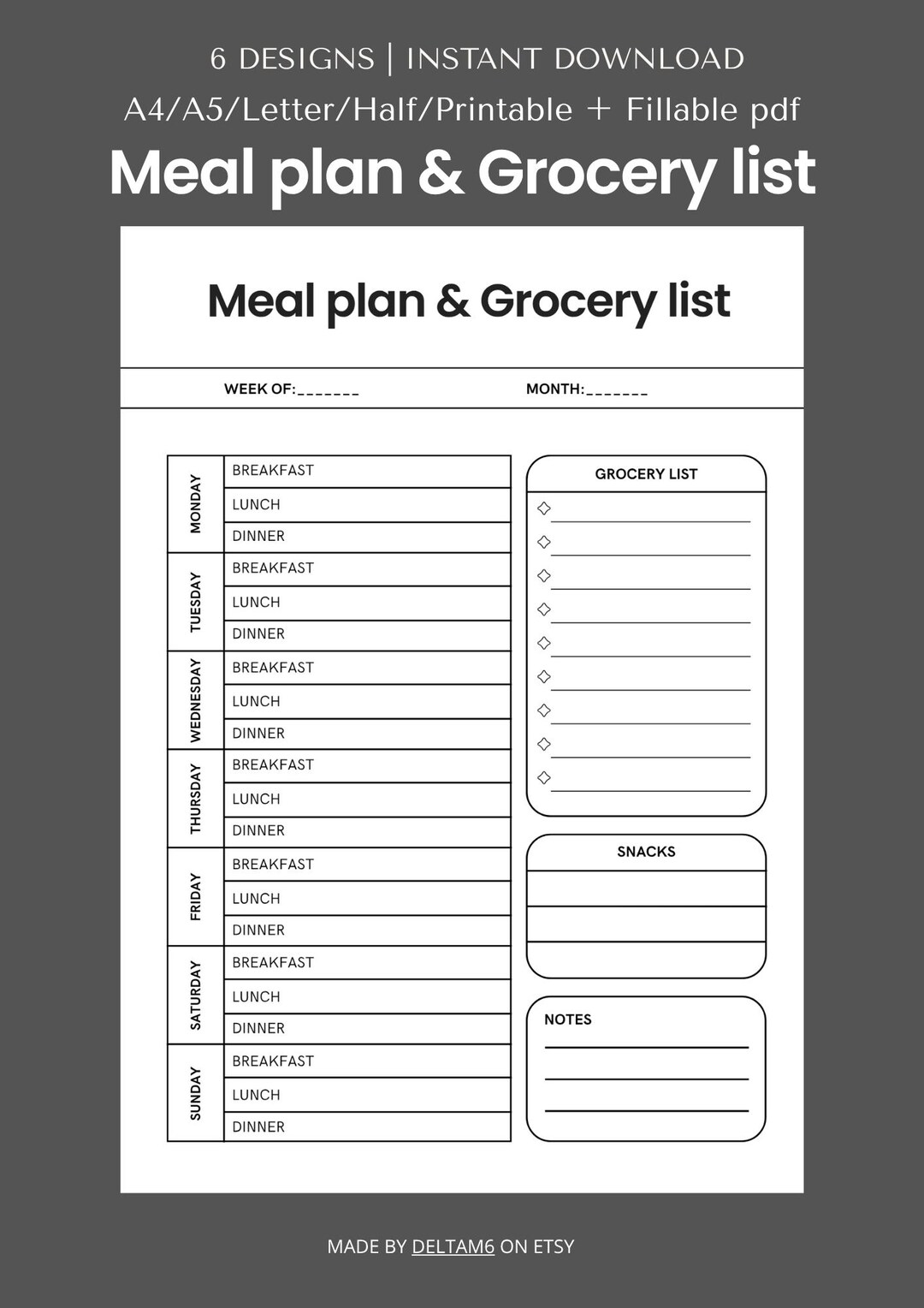 Weekly Meal Planner Printable: Grocery List, Pantry Tracker (PDF ...