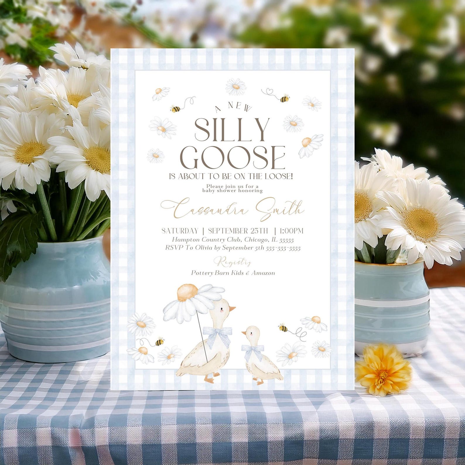 Silly Goose Baby Shower Invitation Blue Gingham Daisy Goose Canva ...