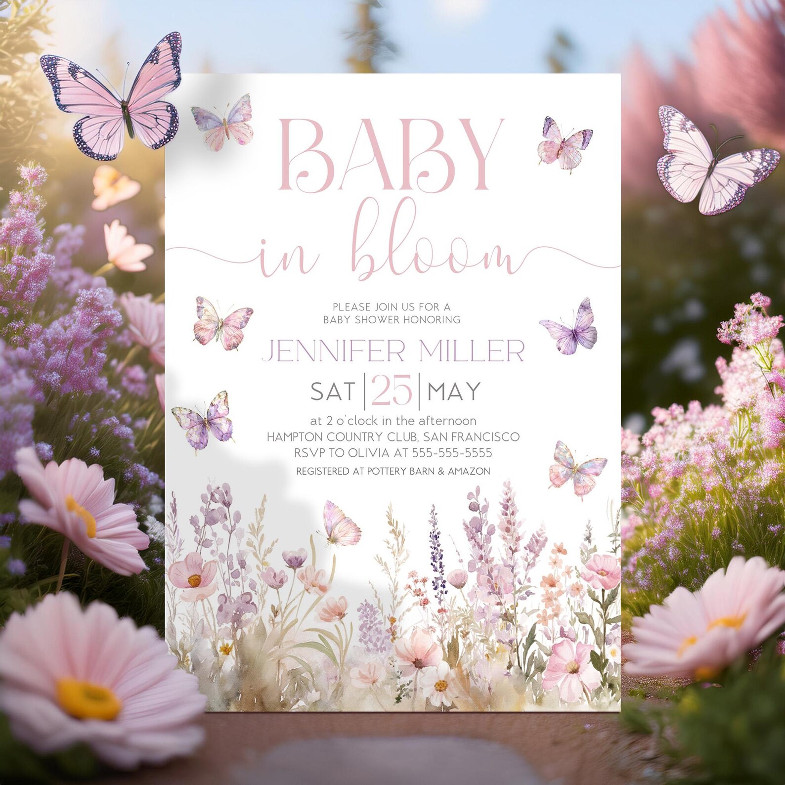 Baby in Bloom Invitation Wildflowers Baby Shower Invitation Pink Flower ...