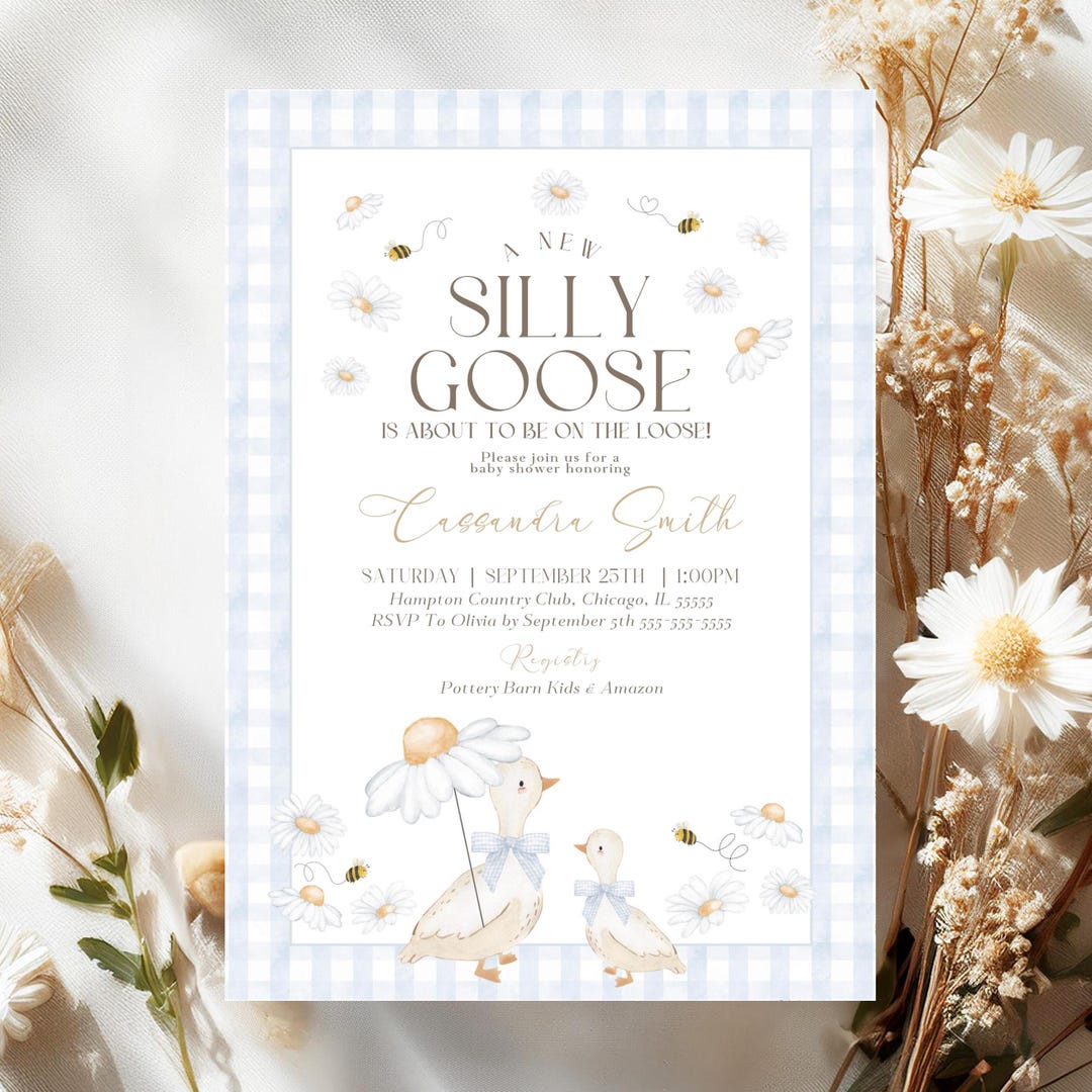 Silly Goose Baby Shower Invitation Blue Gingham Daisy Goose Canva ...