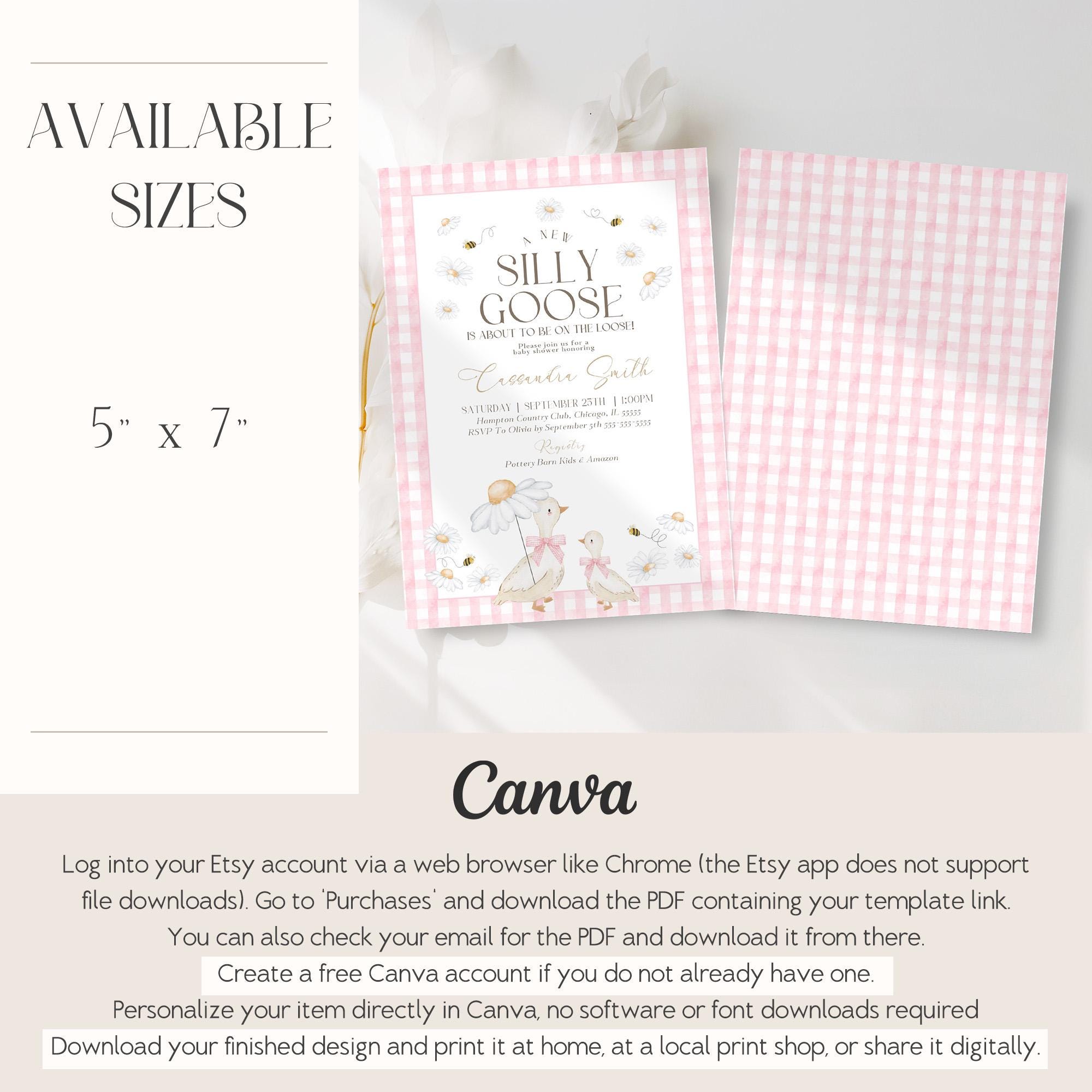 Silly Goose Baby Shower Invitation Pink Gingham Daisy Canva Template ...