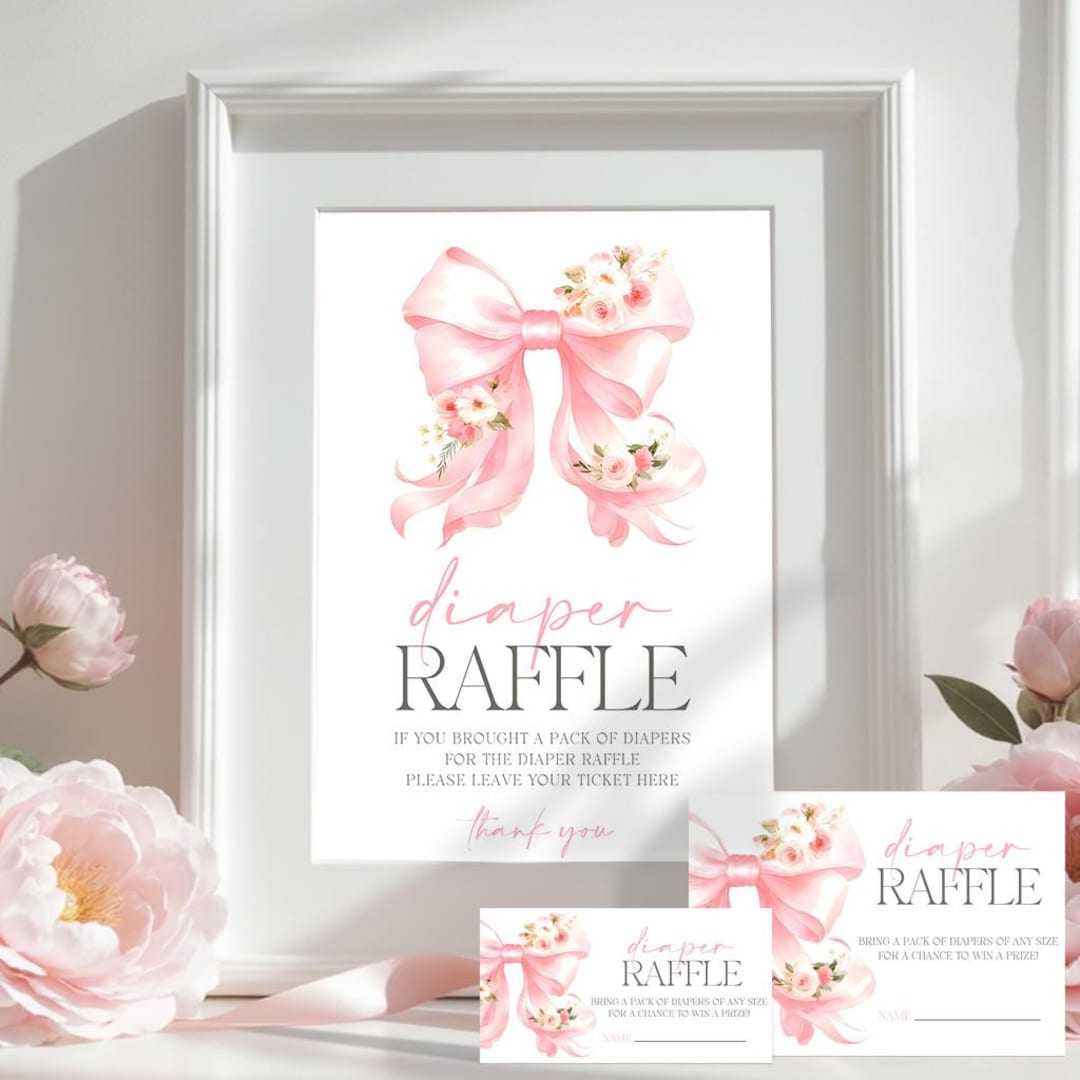Pink Bow Diaper Raffle Card Pink Bow Baby Shower Diaper Raffle Sign ...