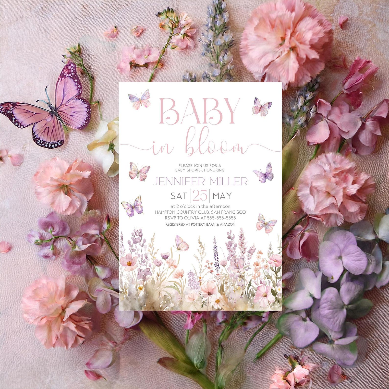 Baby in Bloom Invitation Wildflowers Baby Shower Invitation Pink Flower ...