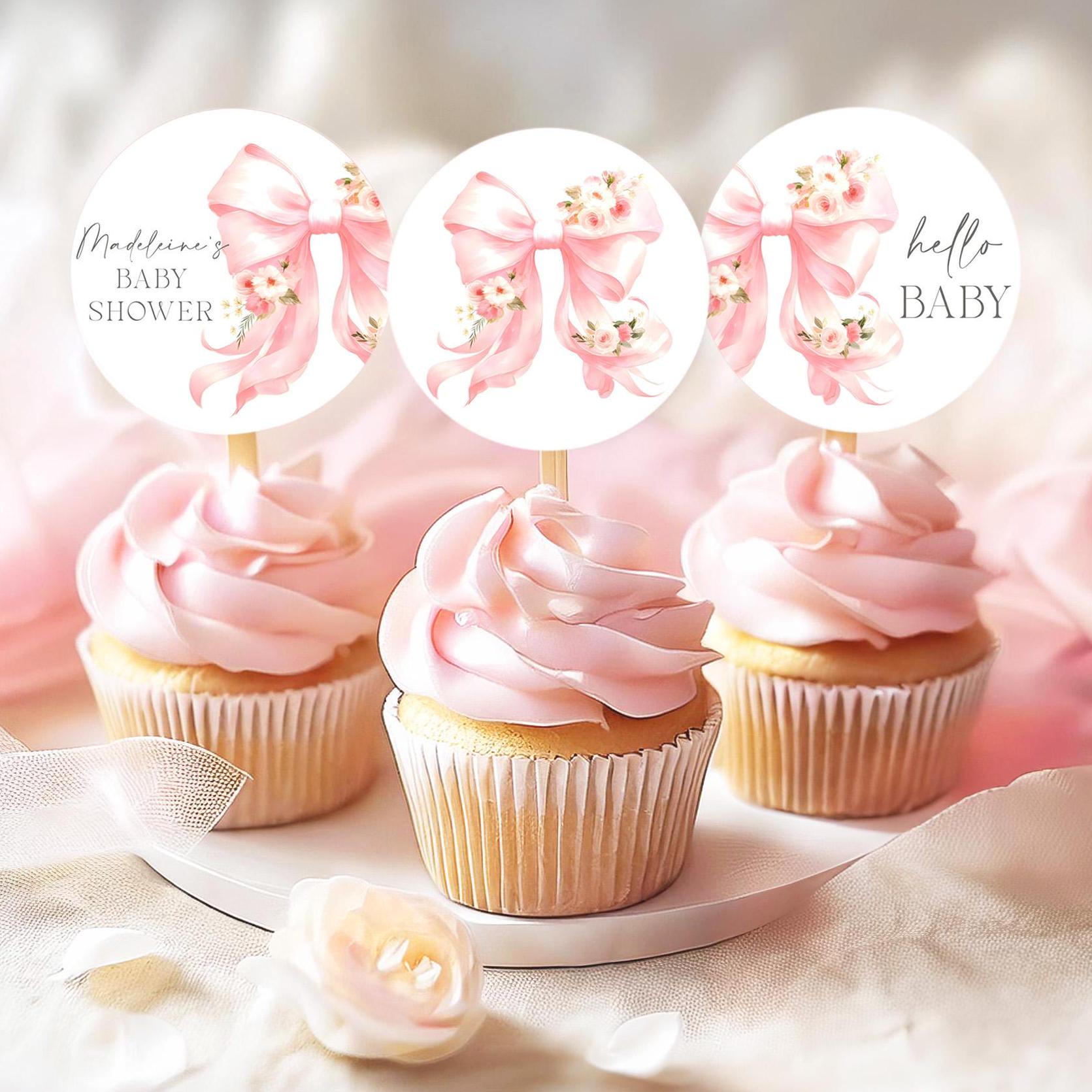 Pink Bow Cupcake Toppers Blush Pink Pink Floral Girls Bow Baby Shower ...