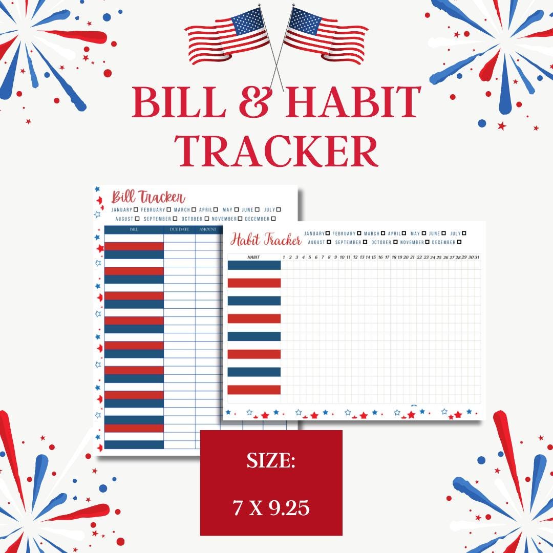 Monthly Bill and Habit Tracker Printable Bill Tracker Red White Blue ...