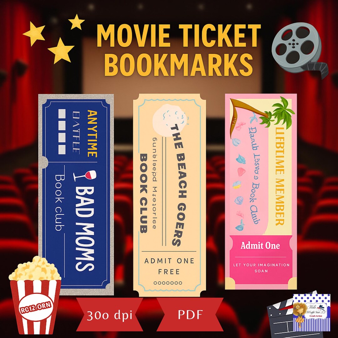 Printable Movie Ticket Bookmarks PDF Cute Bookish Bookmarks Cute Ticket ...