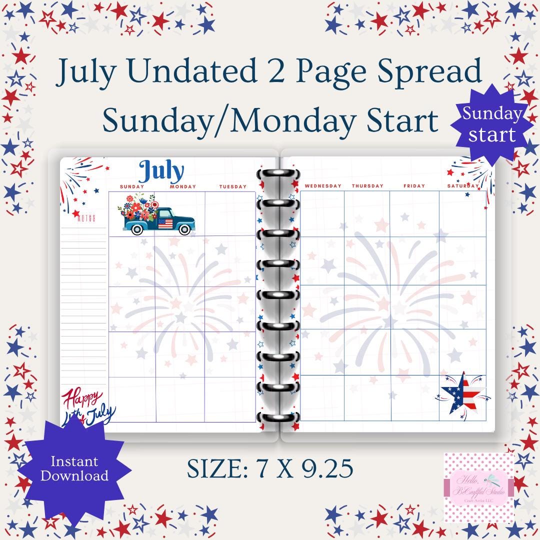 Monthly Planner Undated July Calendar 2-page Spread Sunday Monday Start ...
