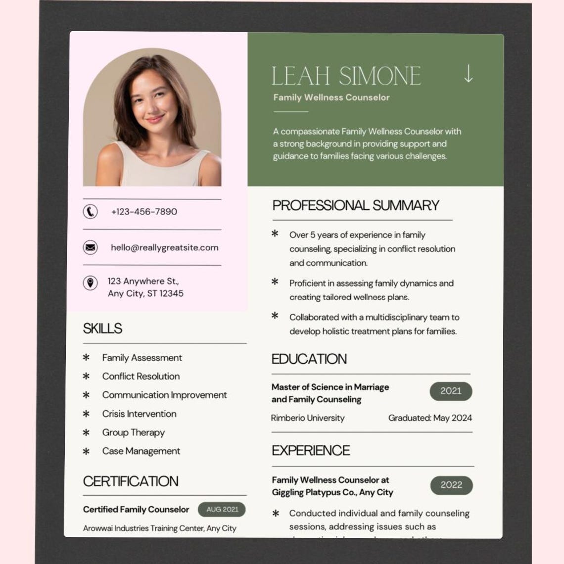 Blush & Olive Resume Template, Modern Editable CV With Cover Letter ...