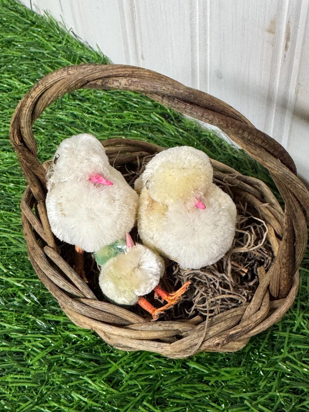 Vintage Mini Easter Woven Basket With Family of 3 Chenille Chicks; 1950 ...