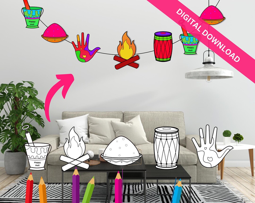 Holi Printable Decorations | Holi Decor | Print, Color & Cut Holi ...