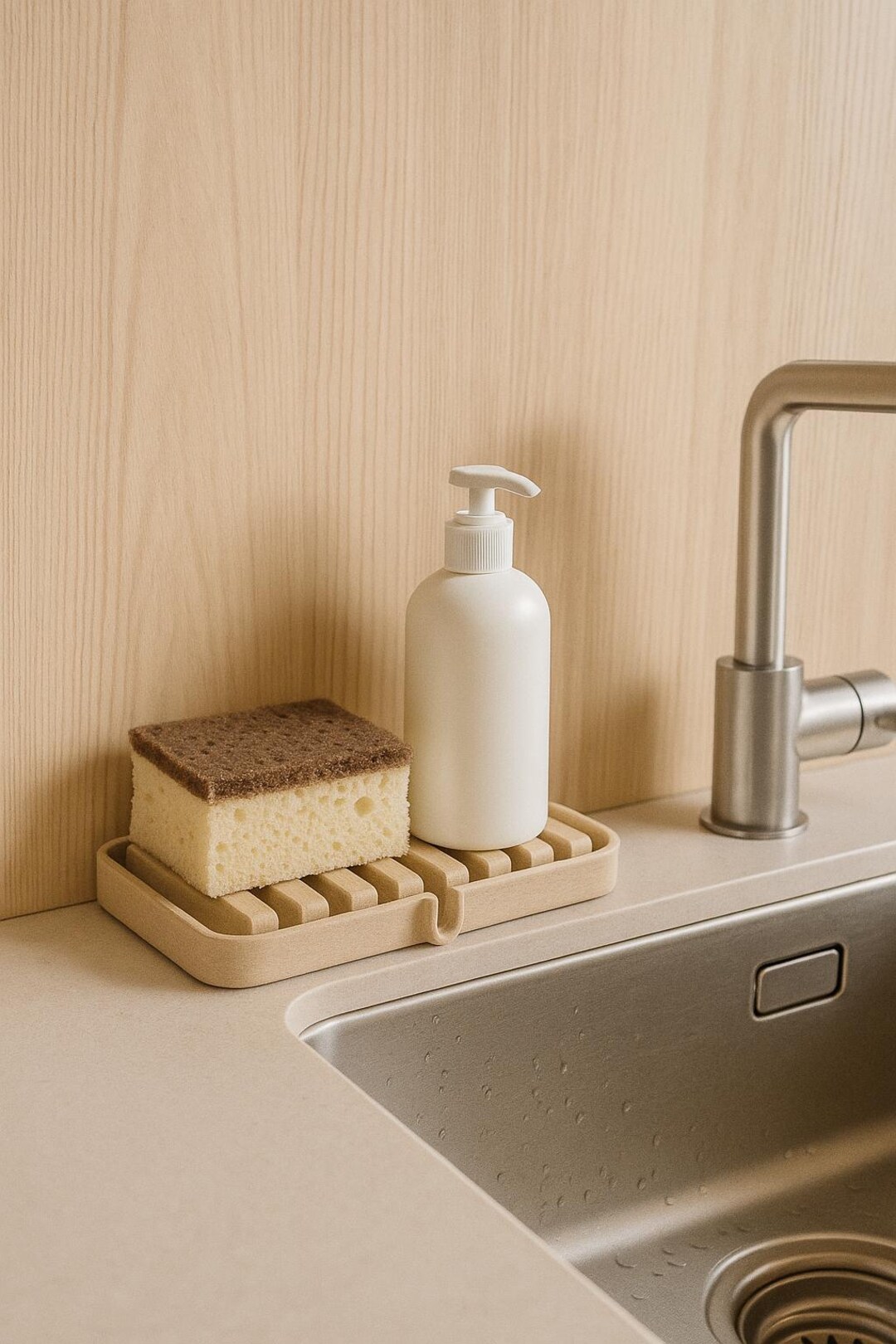 Japandi Sponge Holder | Sink Tray With Drain Spout | Eco Wood Look - Etsy