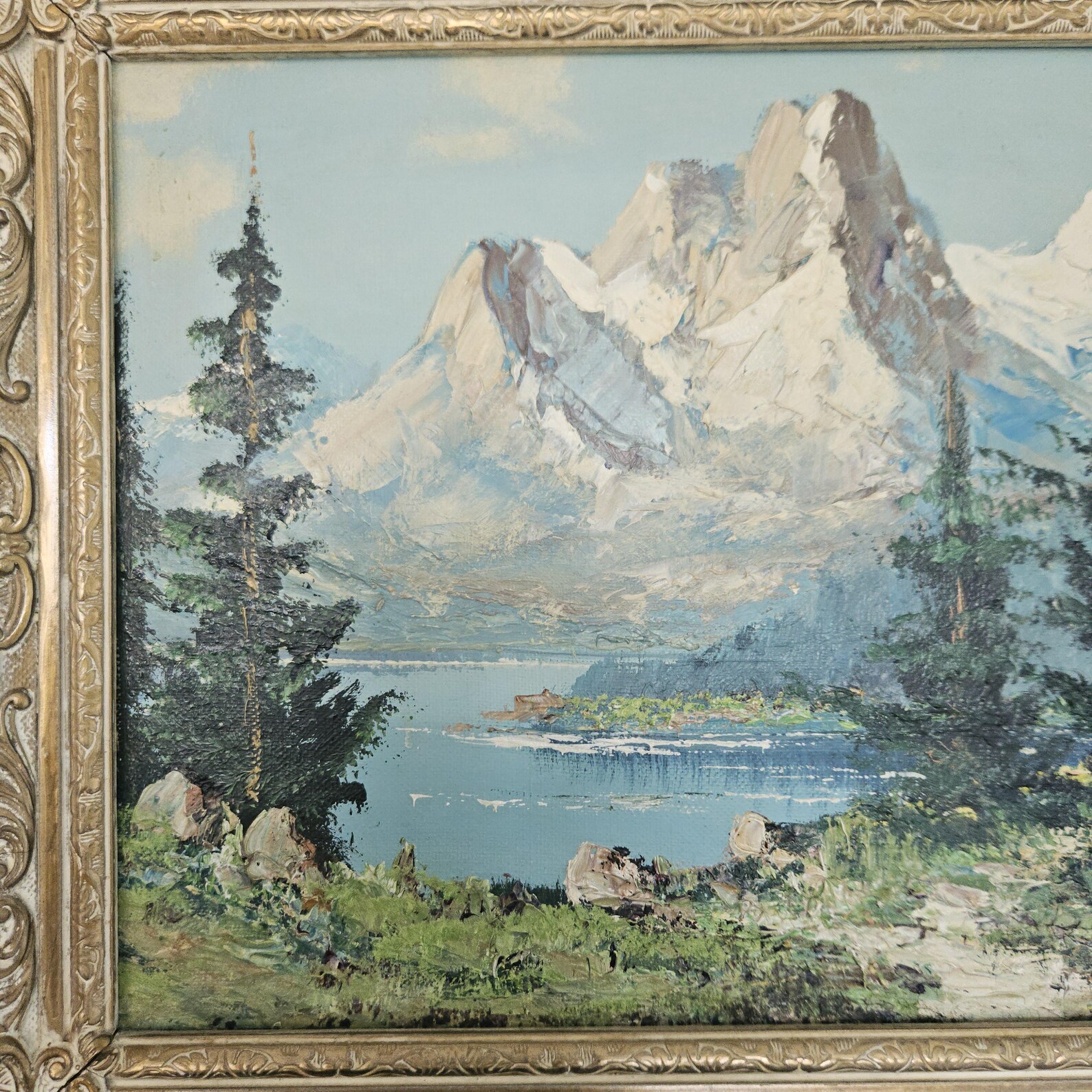 Vintage Hand-painted Mountain Landscape in Ornate Gold Frame (37 Cm X ...