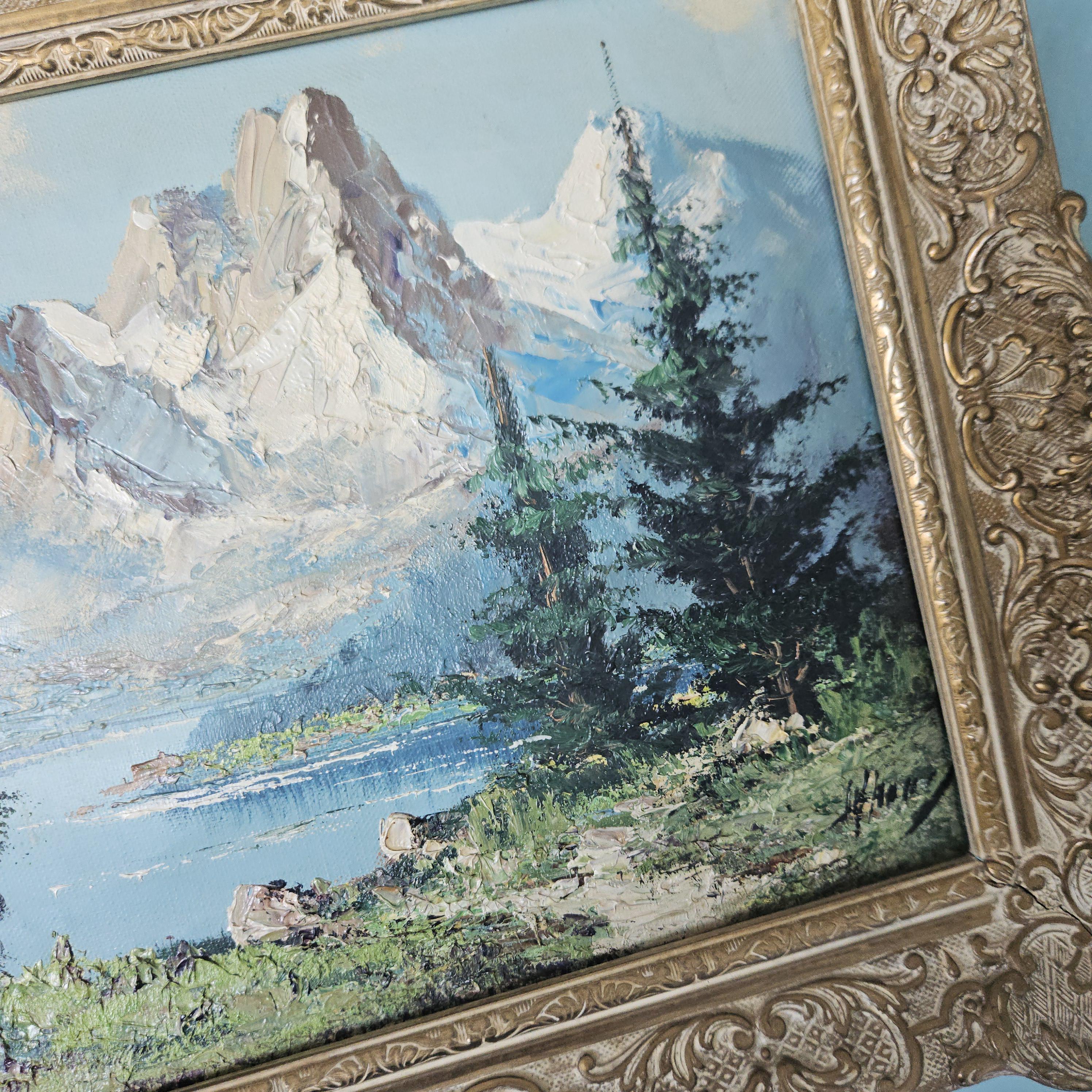 Vintage Hand-painted Mountain Landscape in Ornate Gold Frame (37 Cm X ...