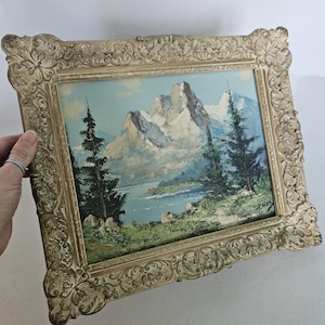 Vintage Hand-painted Mountain Landscape in Ornate Gold Frame (37 Cm X ...