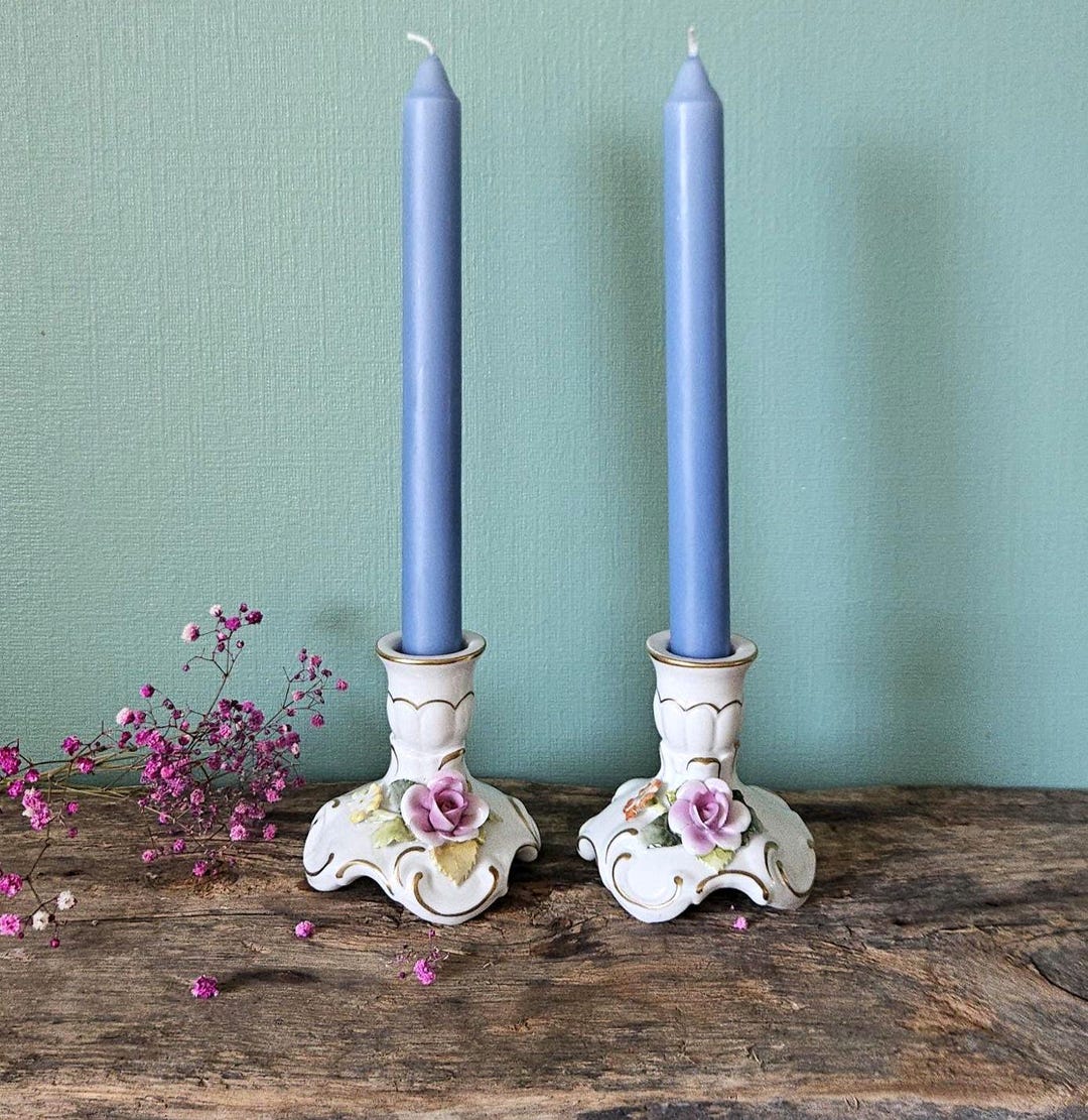 Vintage German Porcelain Candle Holders: Pink Rose Floral Set - Etsy