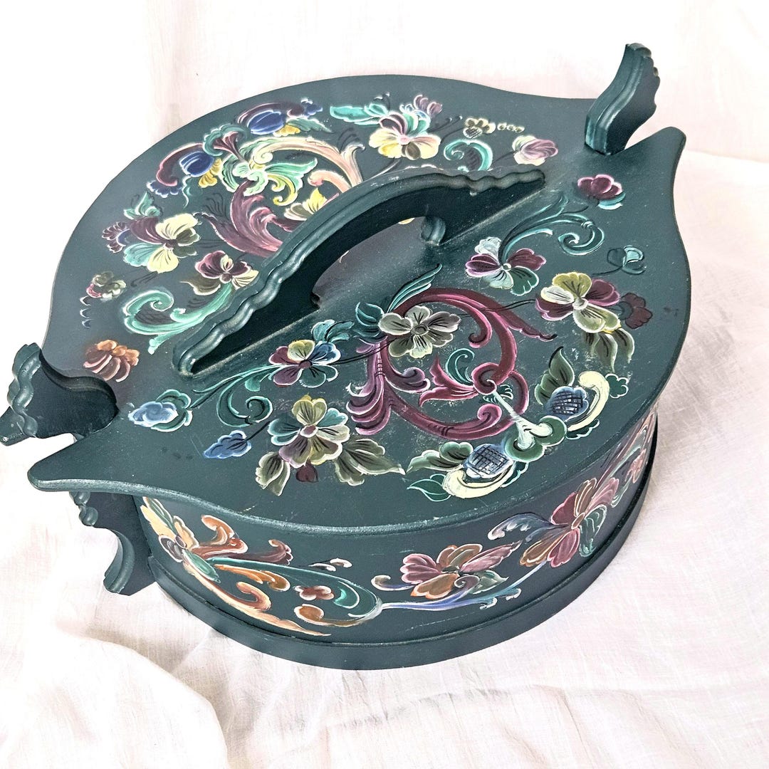 Norwegian Vintage Large Blue Tine Box - Hand Painted in Rosemaling ...