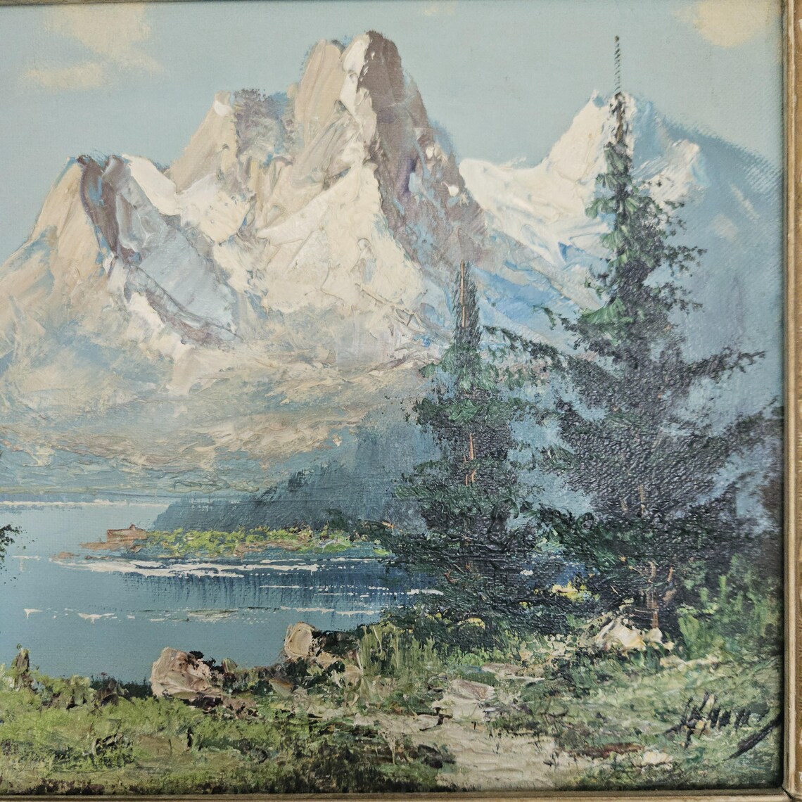Vintage Hand-painted Mountain Landscape in Ornate Gold Frame (37 Cm X ...