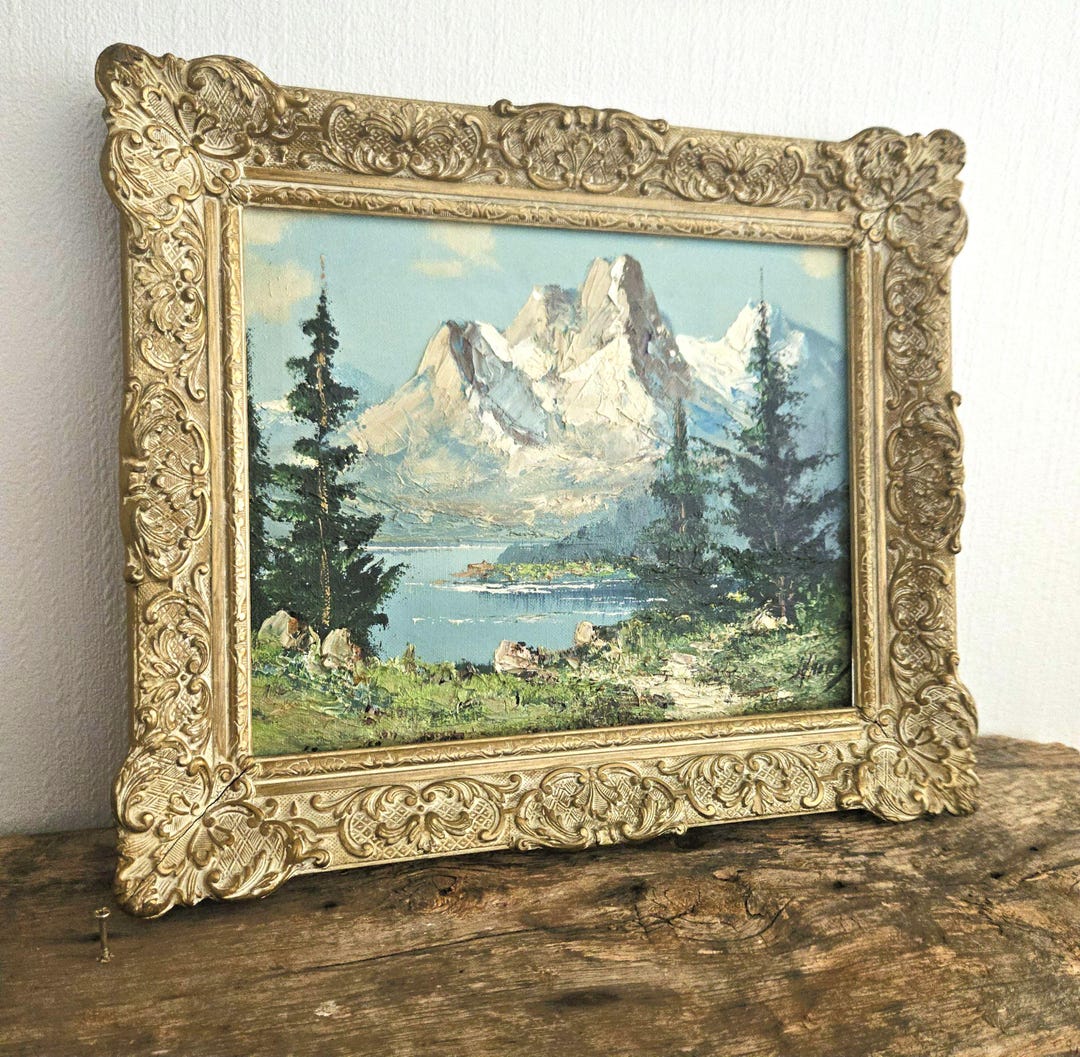 Vintage Hand-painted Mountain Landscape in Ornate Gold Frame (37 Cm X ...
