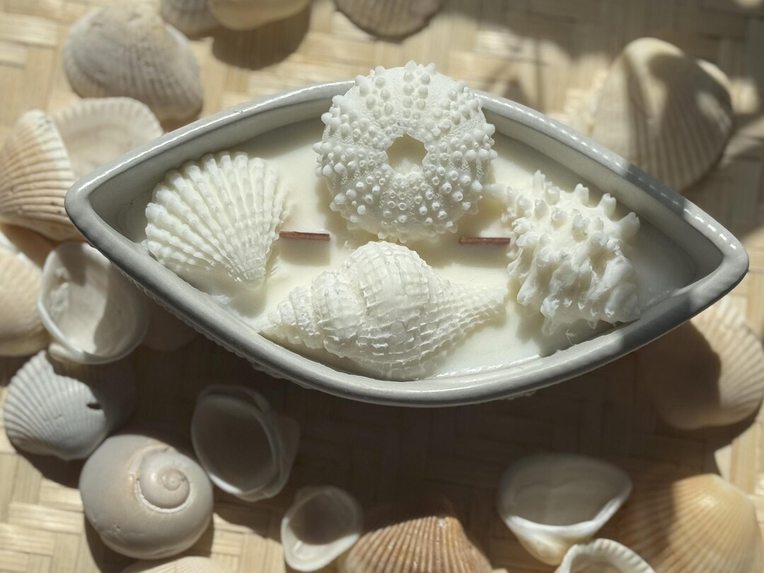 Seashell Cement Boat Candle: Pink Sands Scent, Beachy Soy Candle - Etsy