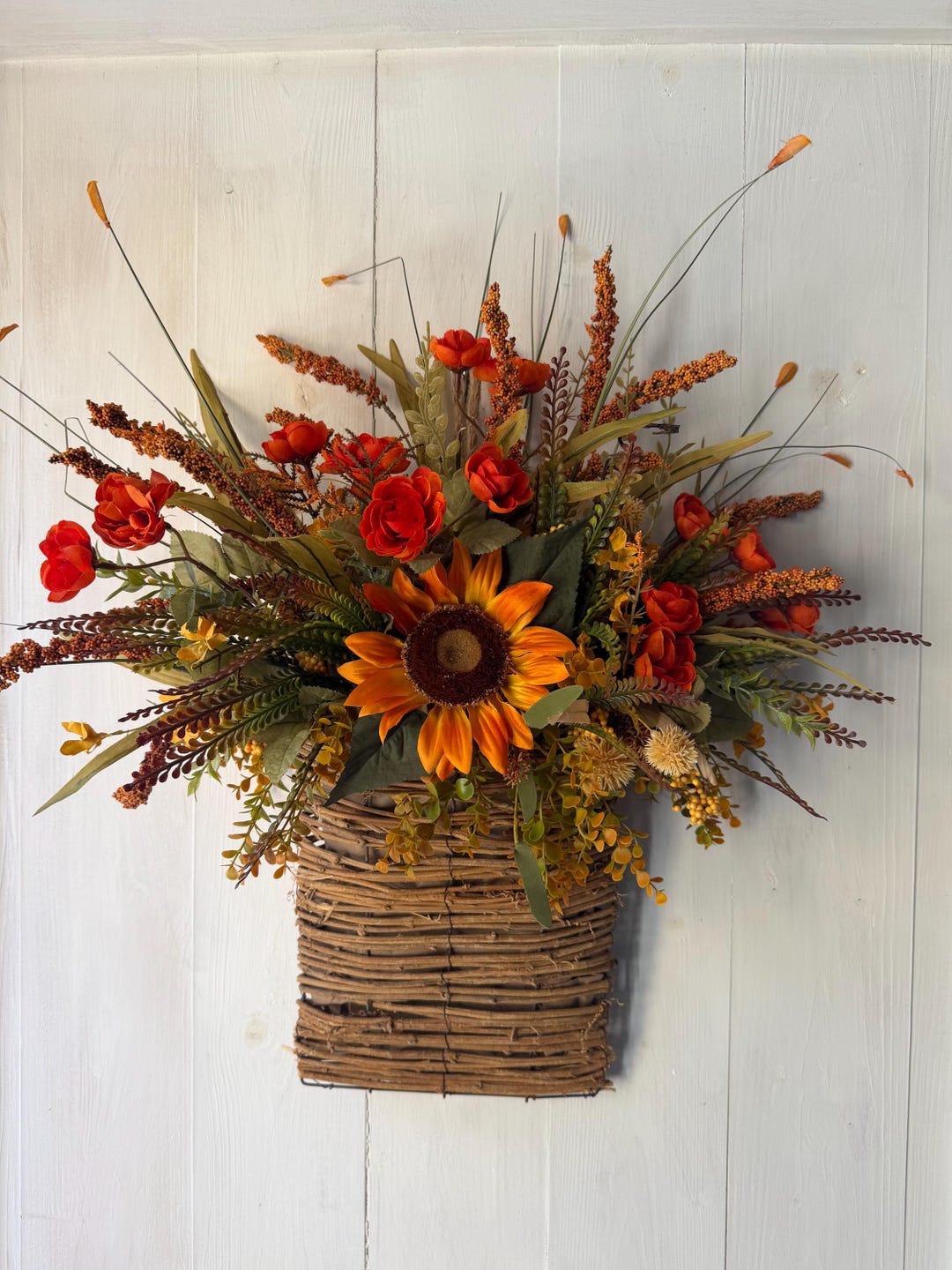 Rustic Fall Floral Wall Basket With Sunflowers and Orange Blossoms ...