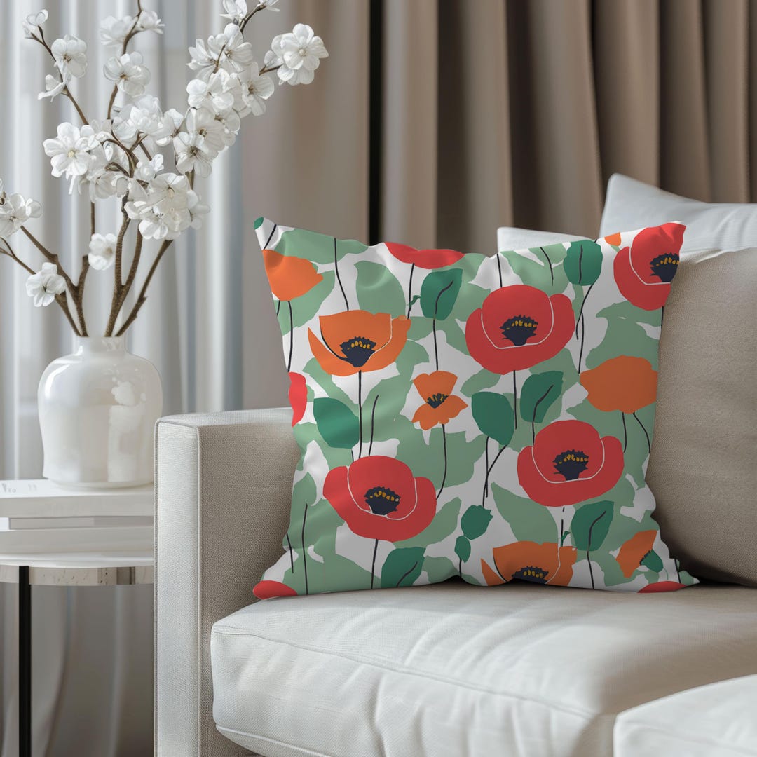 Modern Poppy Floral Cushion Cover, Botanical Accent Decor, Canvas Throw ...
